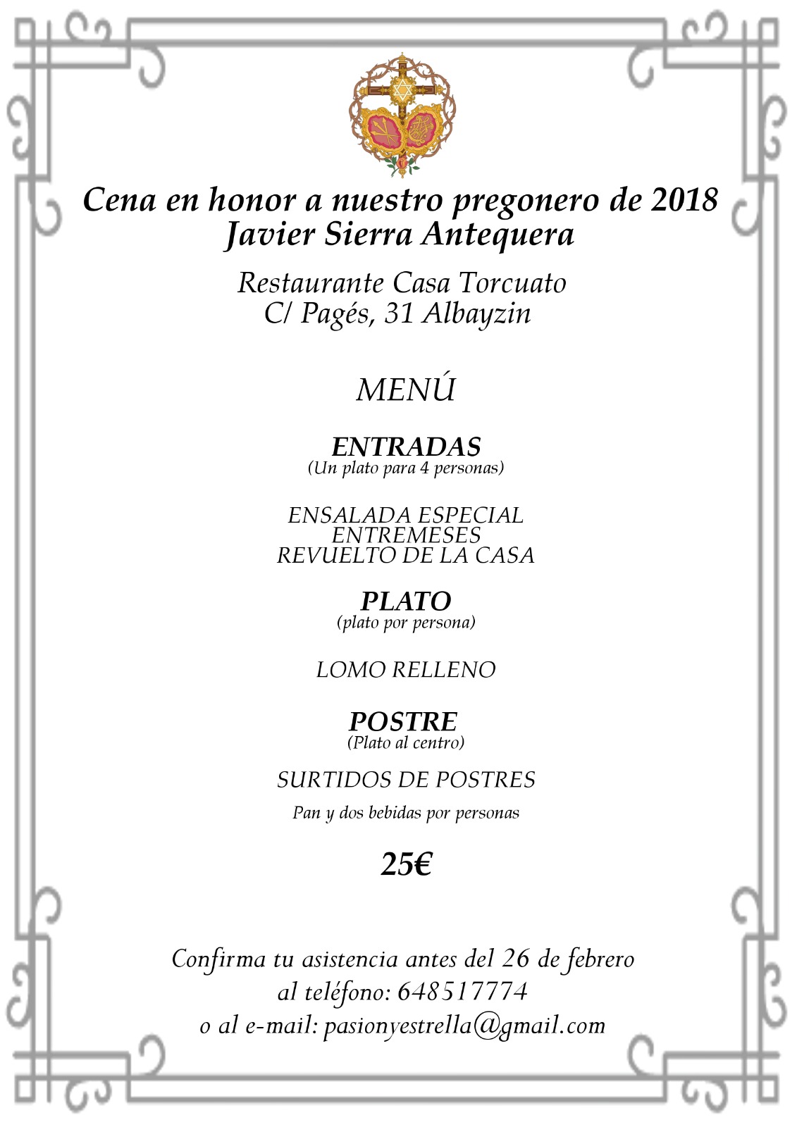 Menú cena-pregón - Cofradia de La Estrella